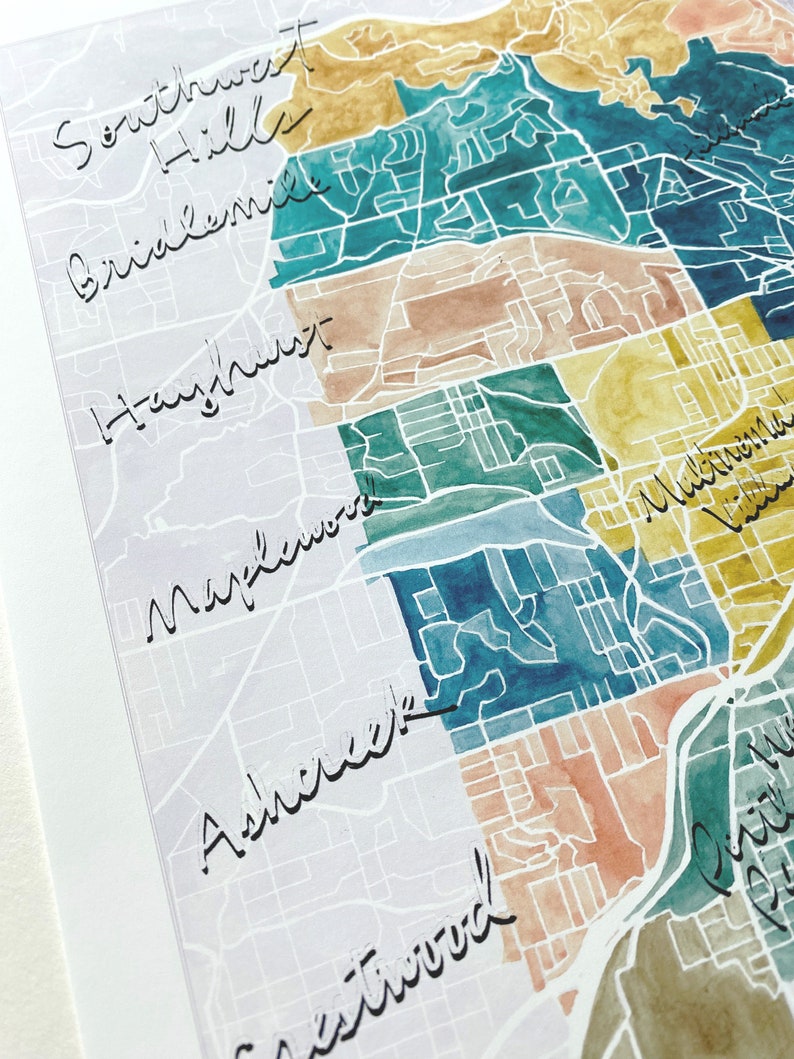 SOUTHWEST Portland Neighborhood Map Colorful Watercolor Print OREGON ...