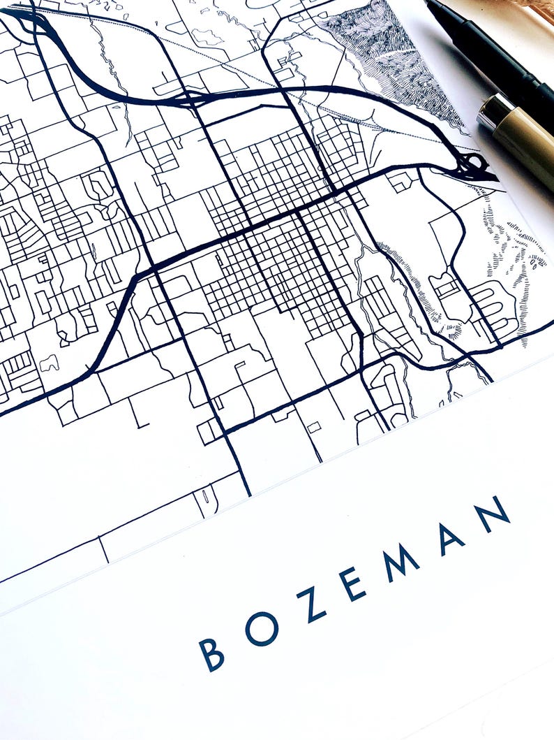 BOZEMAN Map Street Map MONTANA City Map Drawing Black and White (art ...