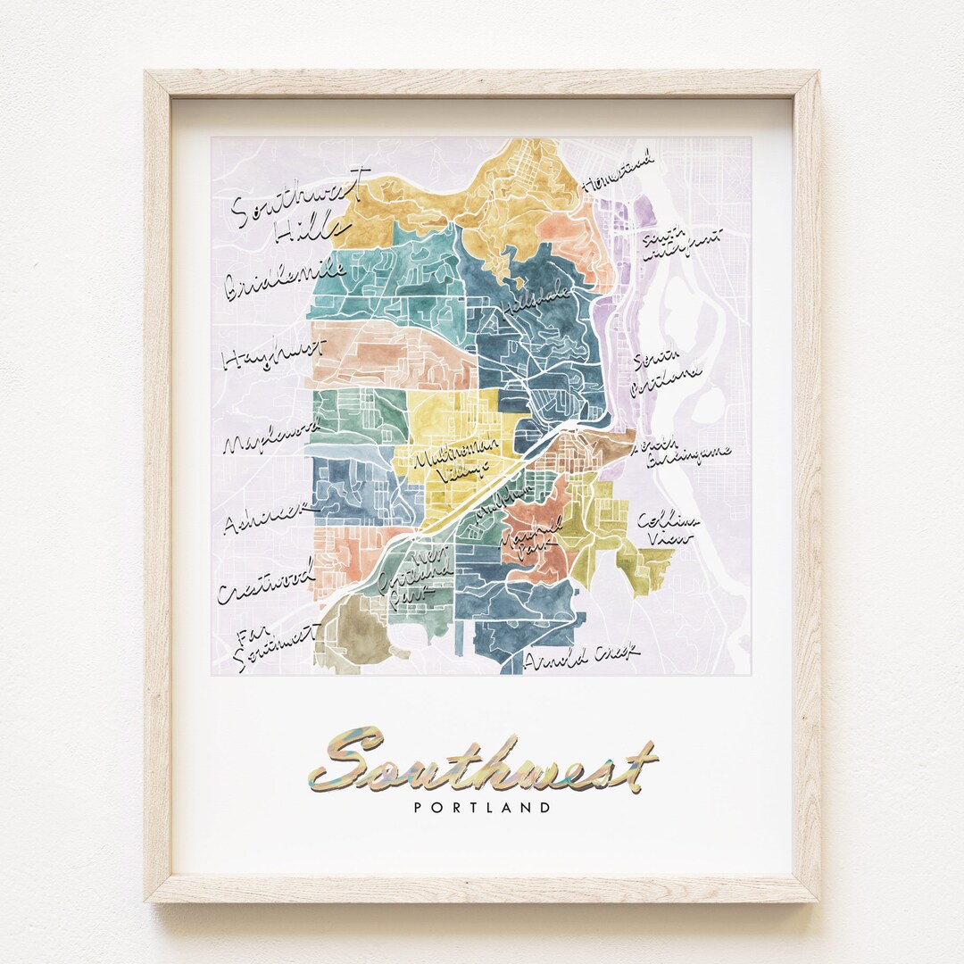 SOUTHWEST Portland Neighborhood Map Colorful Watercolor Print OREGON ...