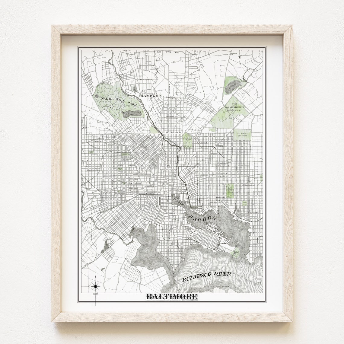 BALTIMORE Map Hand-drawn 1887 Street Map MARYLAND City Map Drawing (art ...