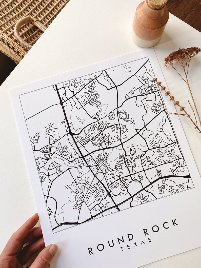 ROUND ROCK Map Street Map TEXAS City Map Drawing Black and White (art ...
