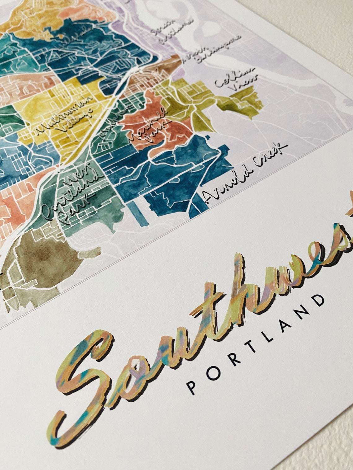 SOUTHWEST Portland Neighborhood Map Colorful Watercolor Print OREGON ...