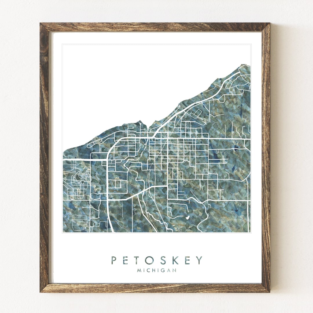 PETOSKEY Map Urban Fabric Watercolor Texture Painting MICHIGAN City ...