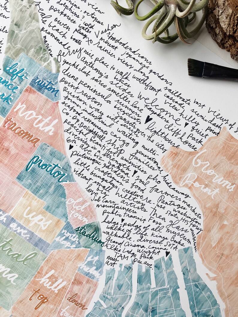 TACOMA Neighborhoods Map (art Print) Watercolor Handwritten Cursive ...