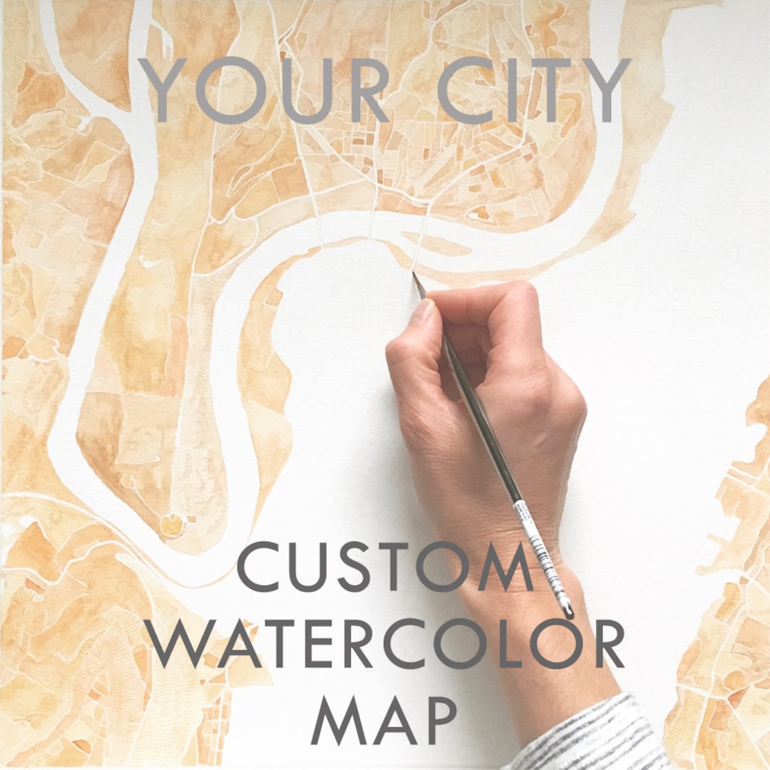 16" Custom Watercolor Art Map YOUR CITY Block Plan (original Watercolor ...