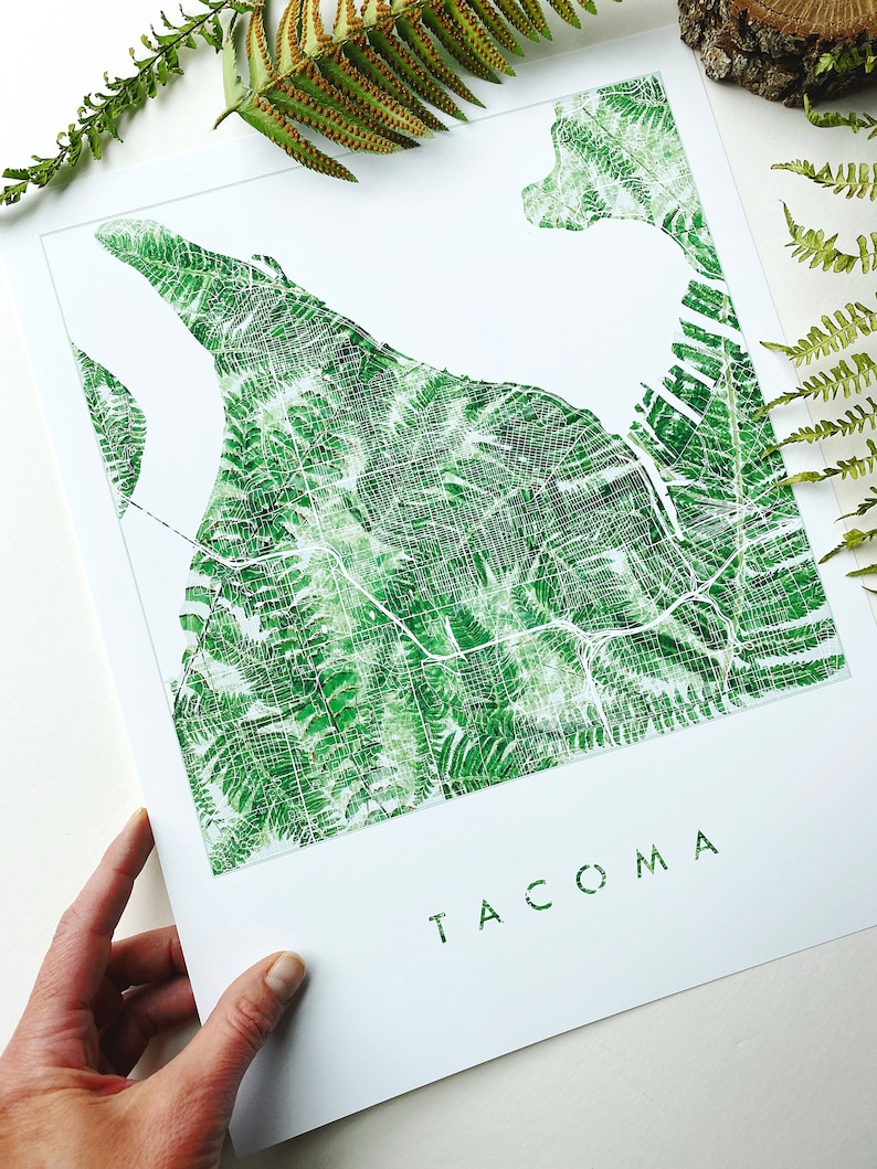 TACOMA Map Ferns Botanical Map Painting WASHINGTON (art Print) Flora ...