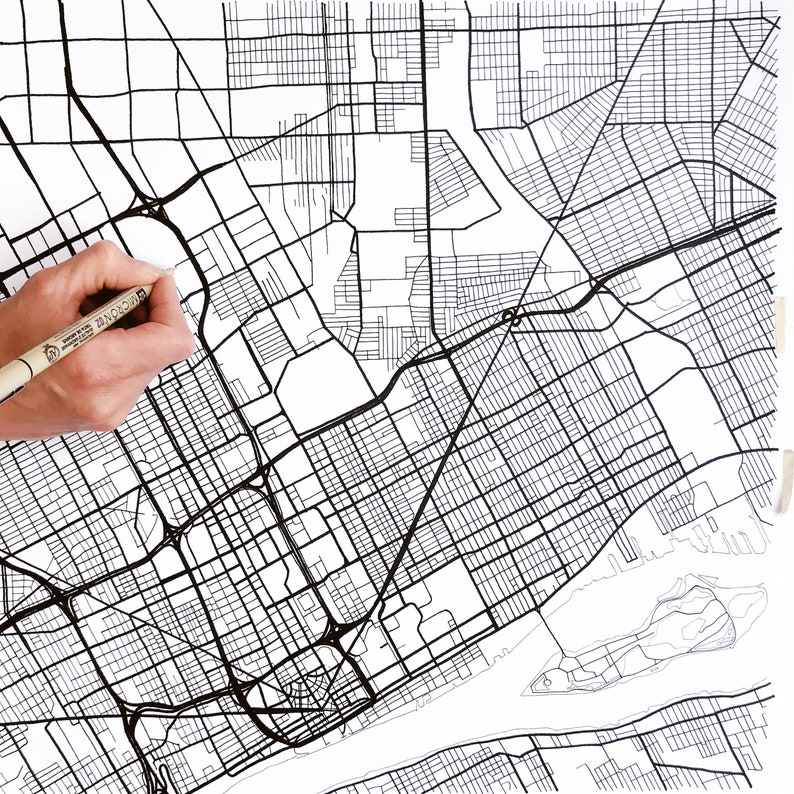 DETROIT Map Street Map MICHIGAN City Map Drawing Black and - Etsy