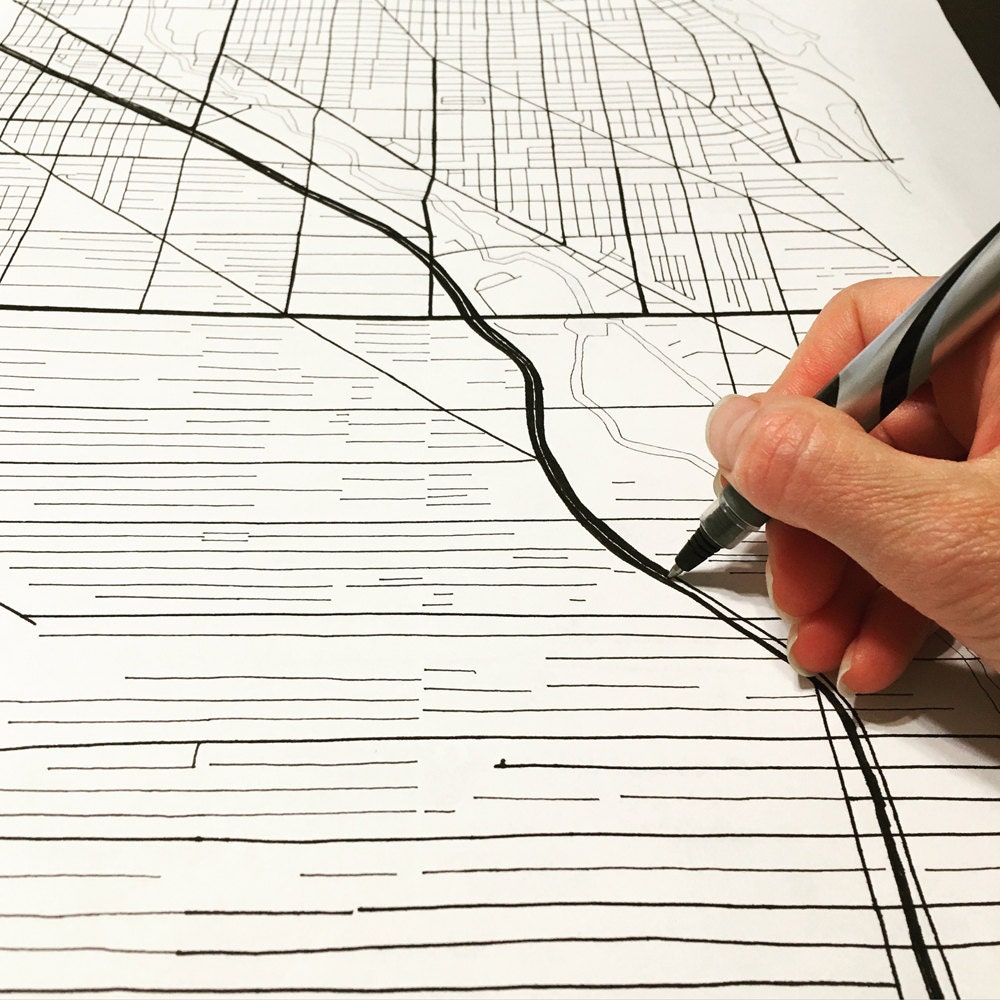 CHICAGO Map Hand Drawn Street Map ILLINOIS City Map Drawing Black and ...