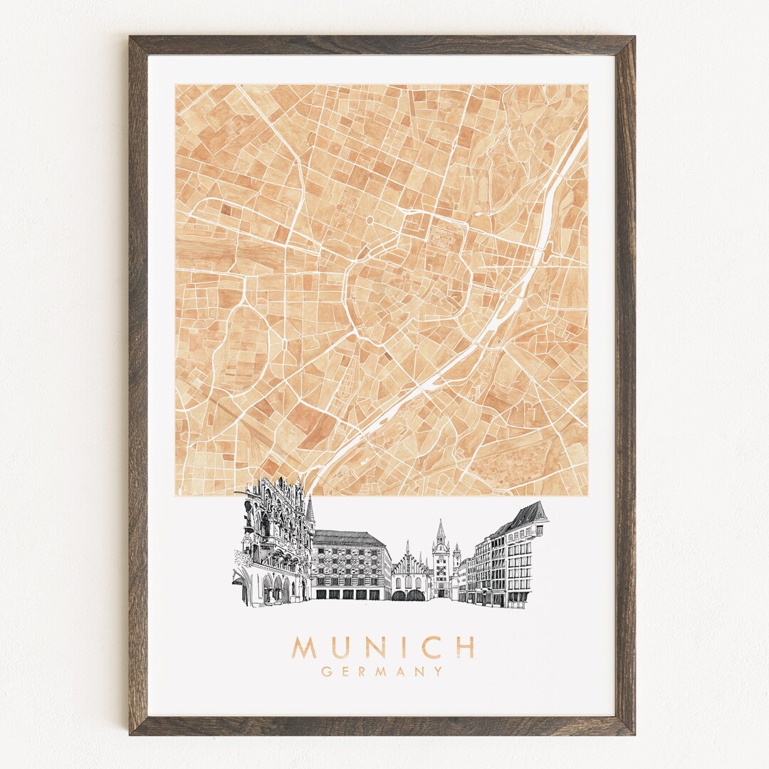 MUNICH Watercolor Map and Architectural Sketch Print GERMANY City Block ...