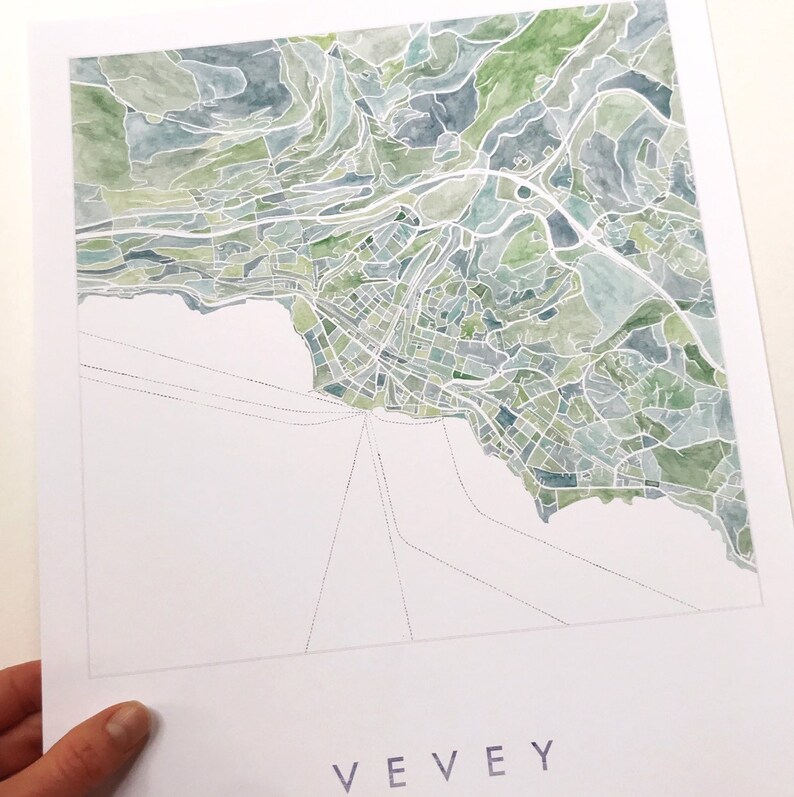 VEVEY Map Hand Painted Watercolor Print SWITZERLAND City Block | Etsy