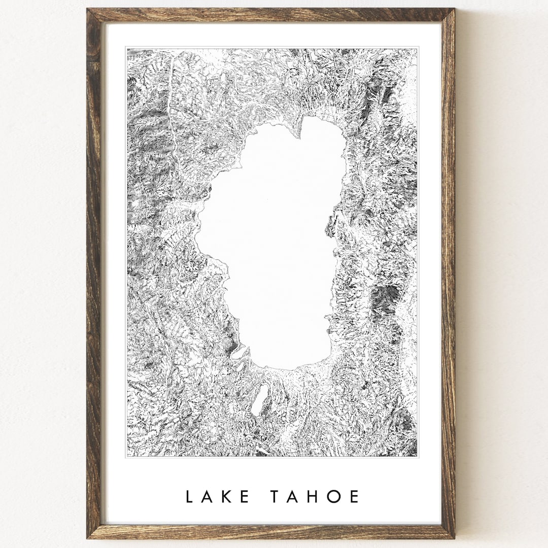 Lake TAHOE CALIFORNIA Nevada Hand Drawn Topographic Map Drawing Black ...