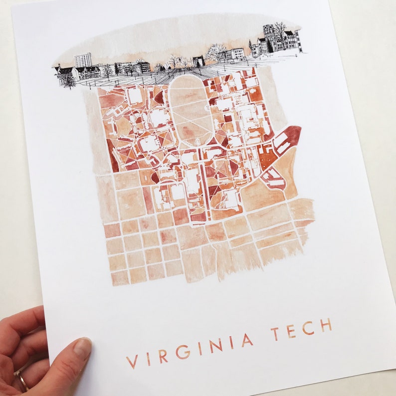 VIRGINIA TECH Hand Painted Campus Watercolor Map Art Print | Etsy