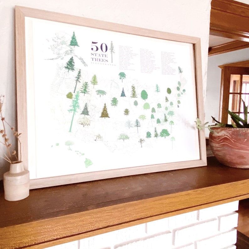 STATE Treescape Map Drawing art Print 50 State Trees America - Etsy