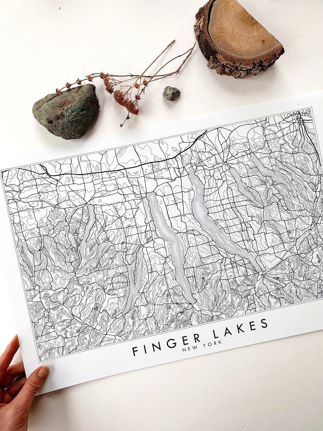 FINGER LAKES Hand Drawn Map New York Topographic Drawing (art Print ...