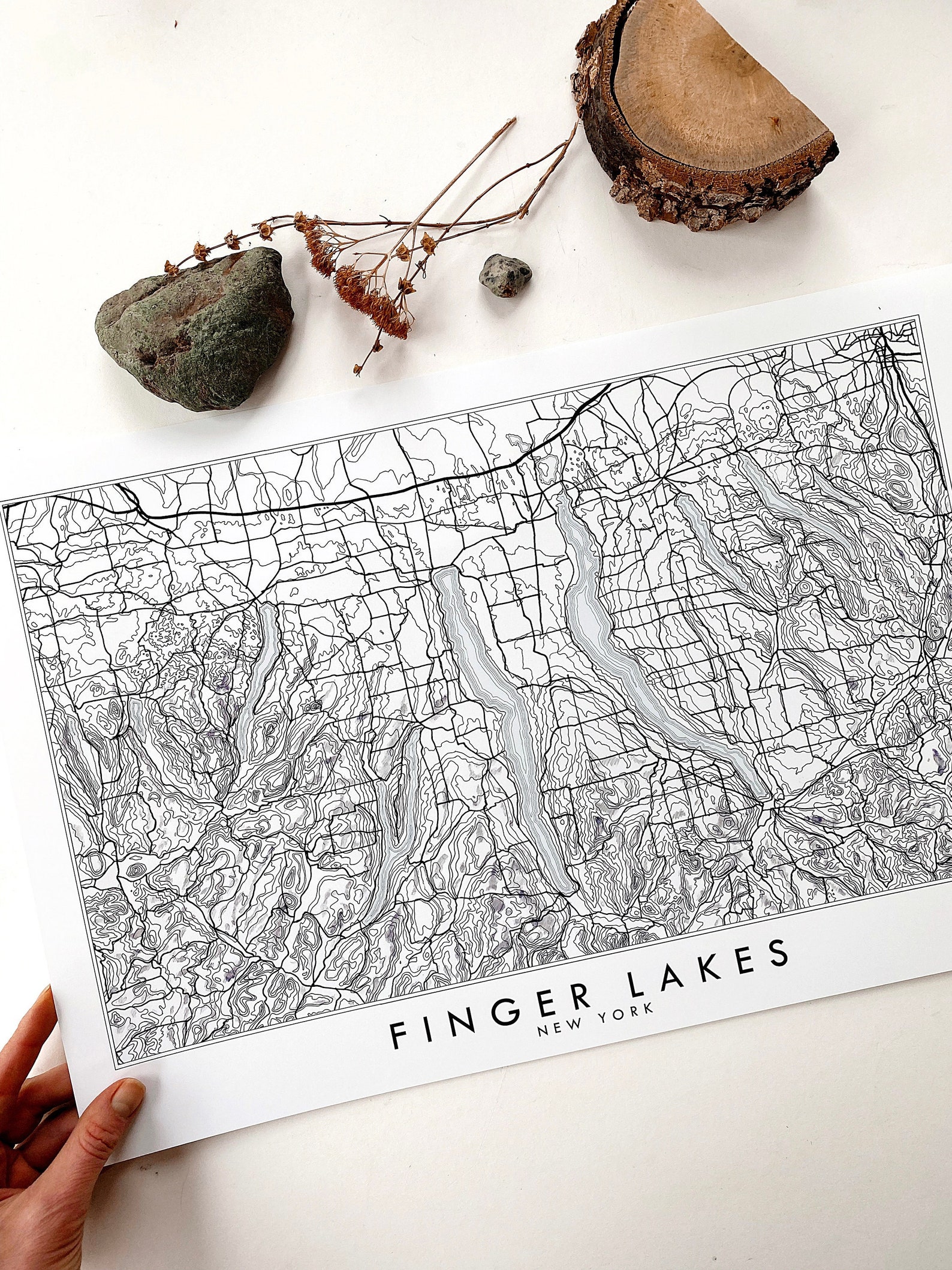 FINGER LAKES Hand Drawn Map New York Topographic Drawing (art Print ...