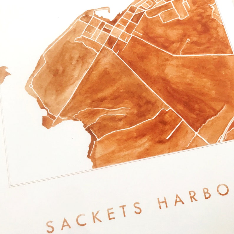 SACKETS HARBOR New York Hand Painted Map Watercolor Print City Block ...