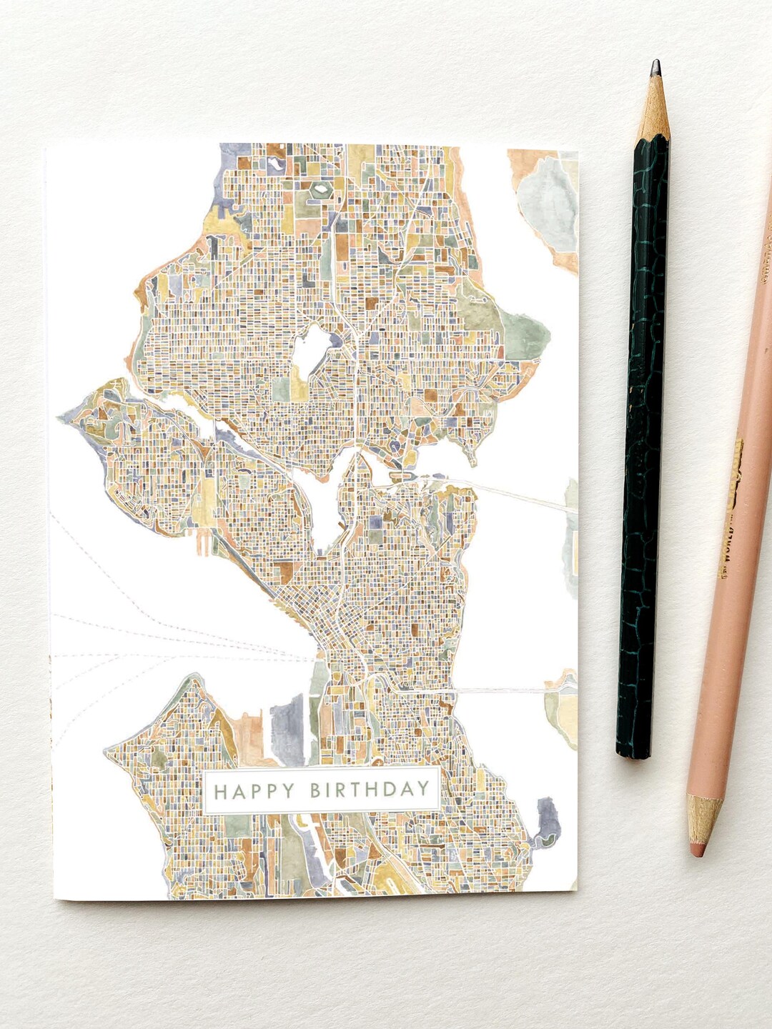 Colorfull SEATTLE Washington Birthday Card Watercolor Map Folded ...