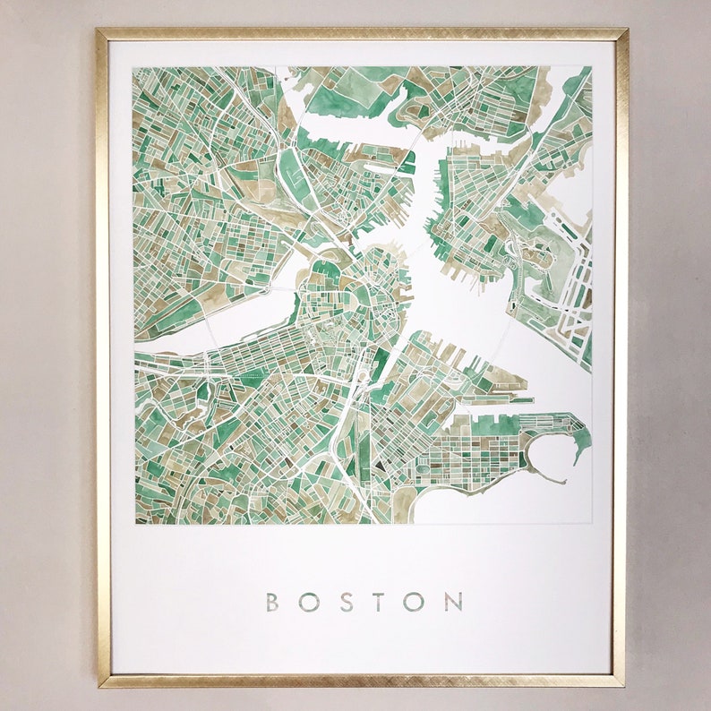 Greater BOSTON Map Watercolor Print City Block Plan art - Etsy