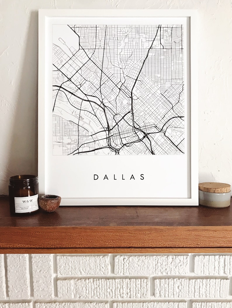DALLAS Map Street Map TEXAS City Map Drawing Black and White (art Print ...
