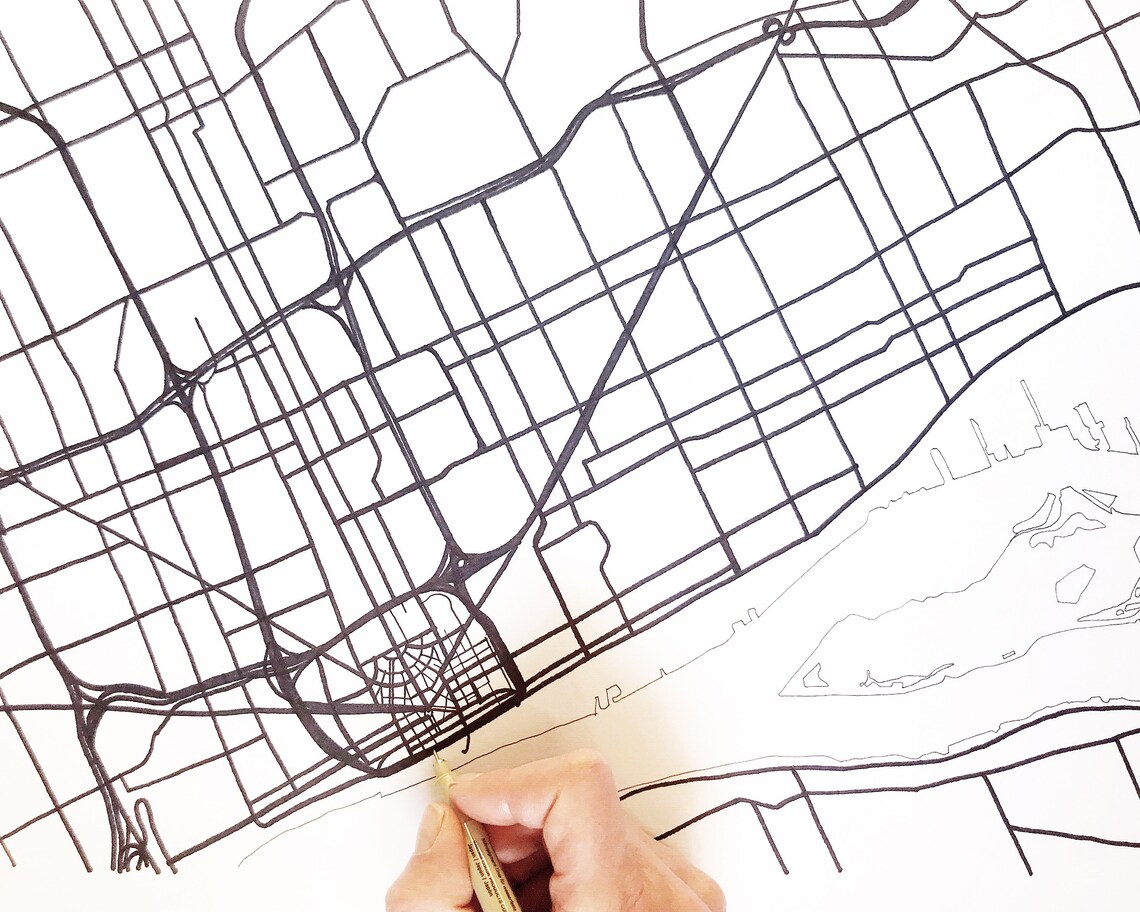 DETROIT Map Street Map MICHIGAN City Map Drawing Black and - Etsy