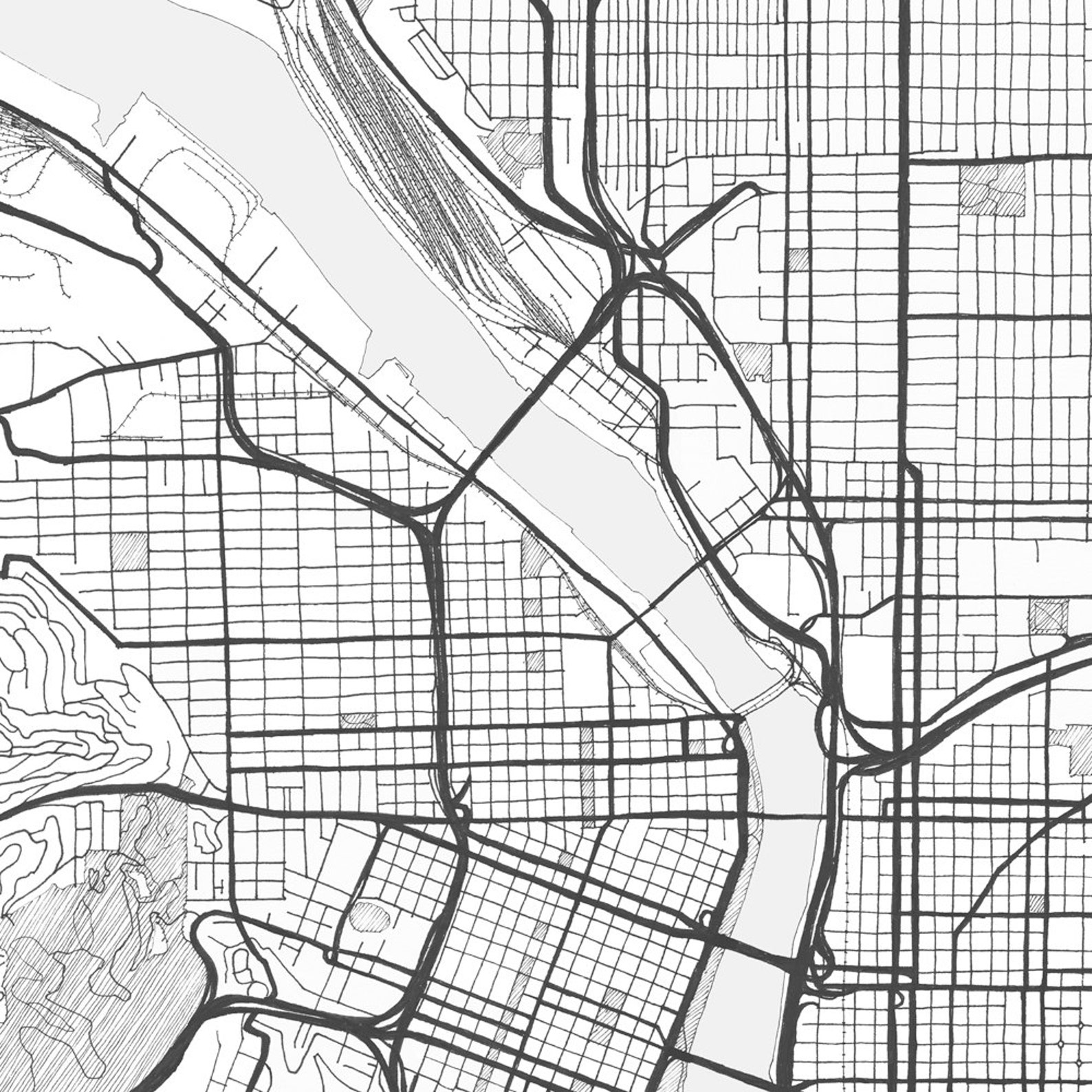 PORTLAND Map Street Map OREGON City Map Drawing Black and White (art ...