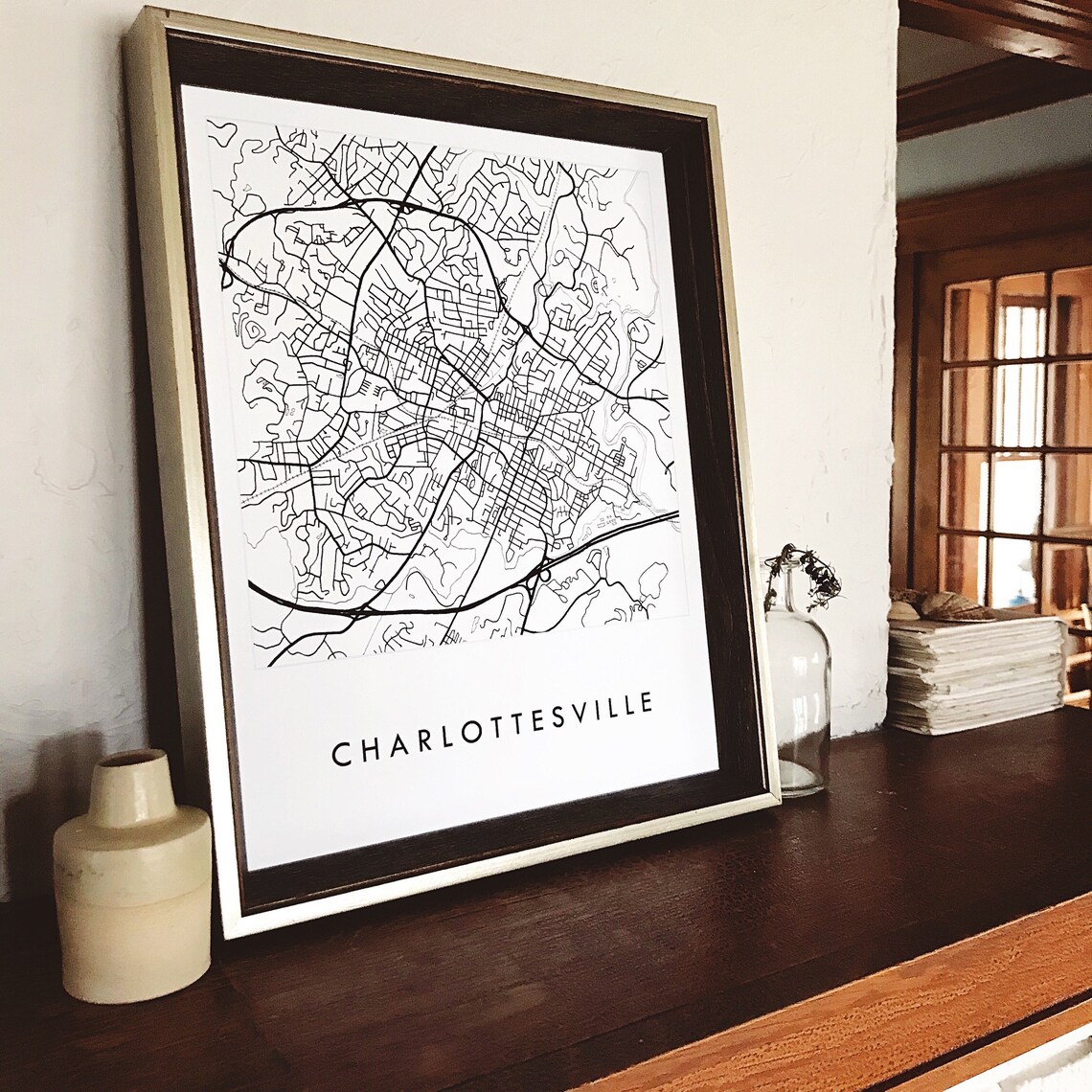 CHARLOTTESVILLE Virginia Map Street Map Drawing Black and White (art ...