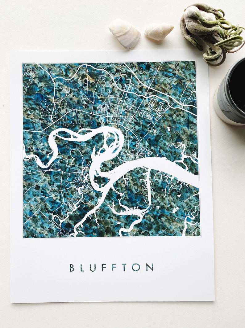 BLUFFTON Map Urban Fabric Watercolor Texture Painting South Carolina ...