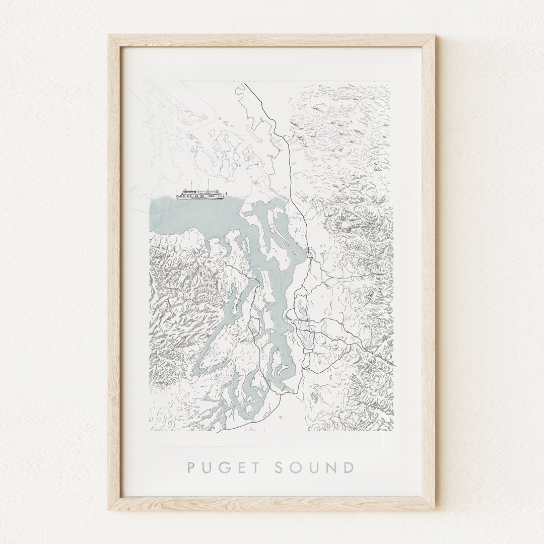 PUGET SOUND Topographic Ferry Map Washington (art Print) Seattle Tacoma ...