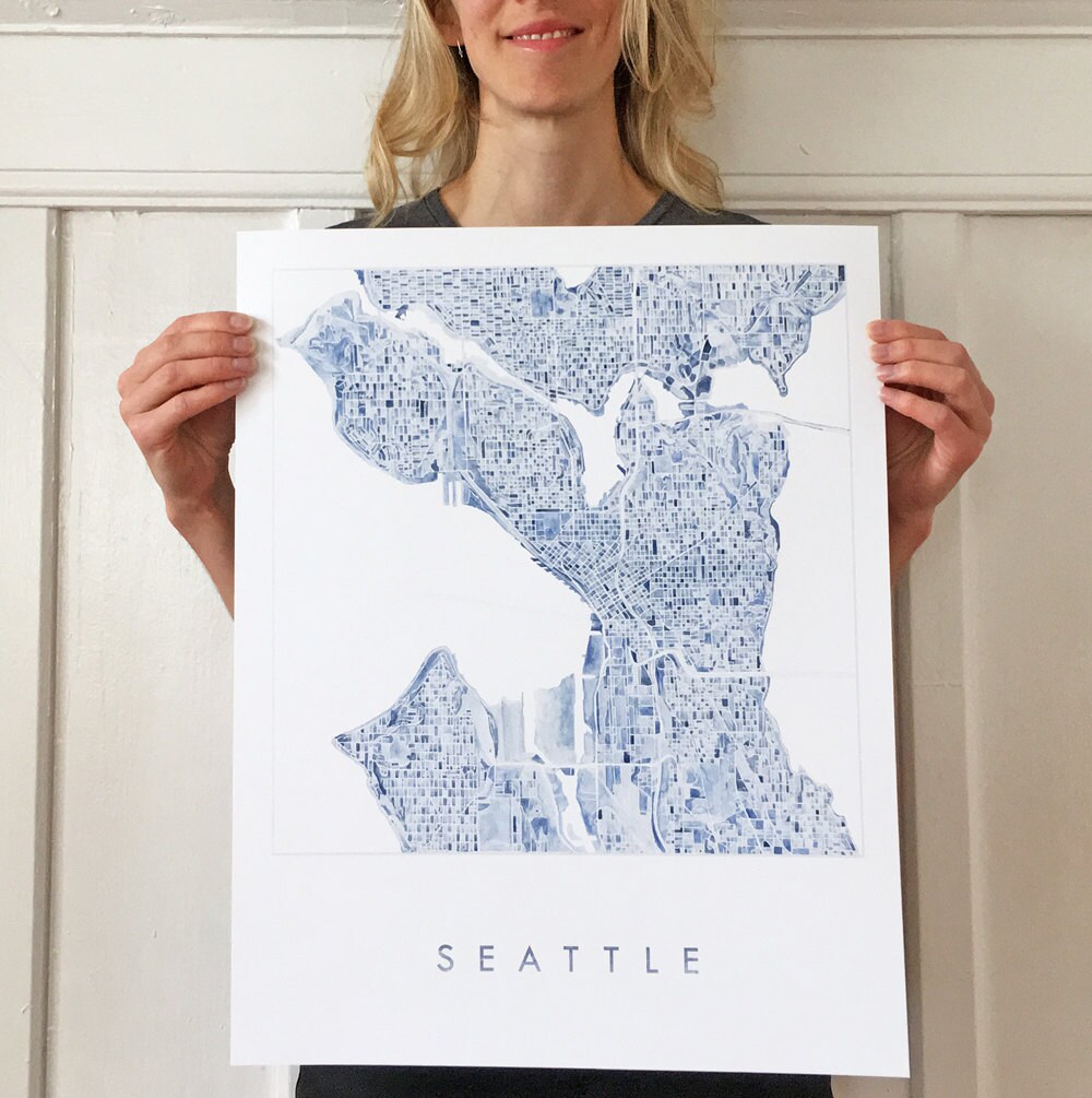 SEATTLE Map Watercolor Print WASHINGTON City Block Plan Art | Etsy
