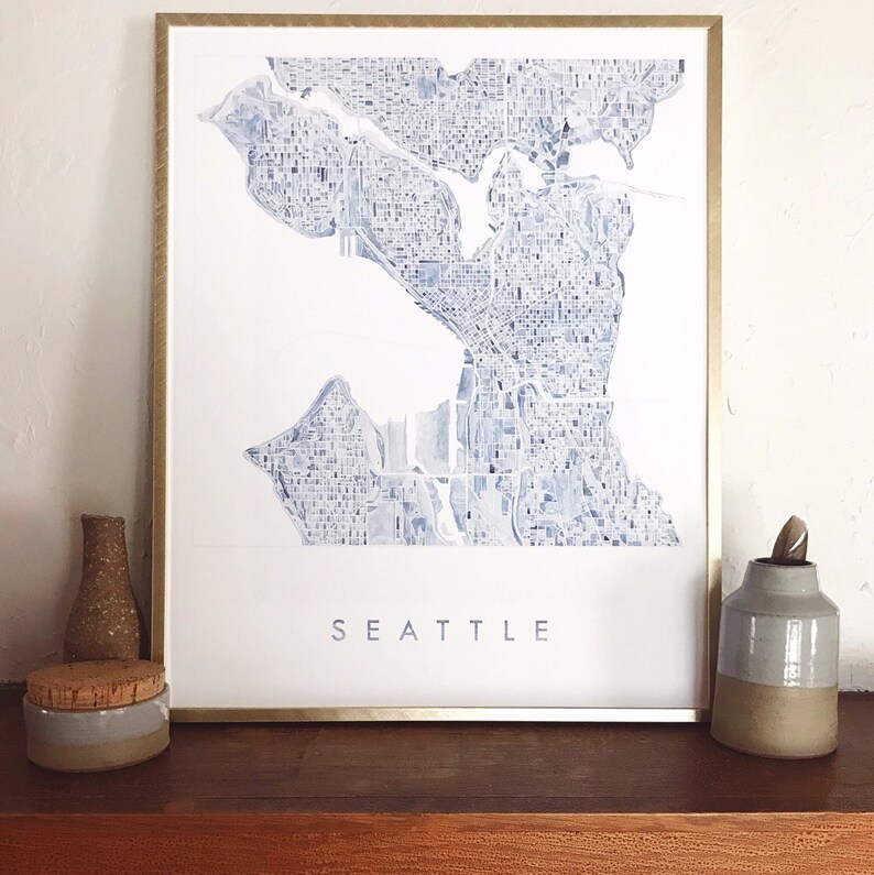 SEATTLE Map Watercolor Print WASHINGTON City Block Plan Art | Etsy