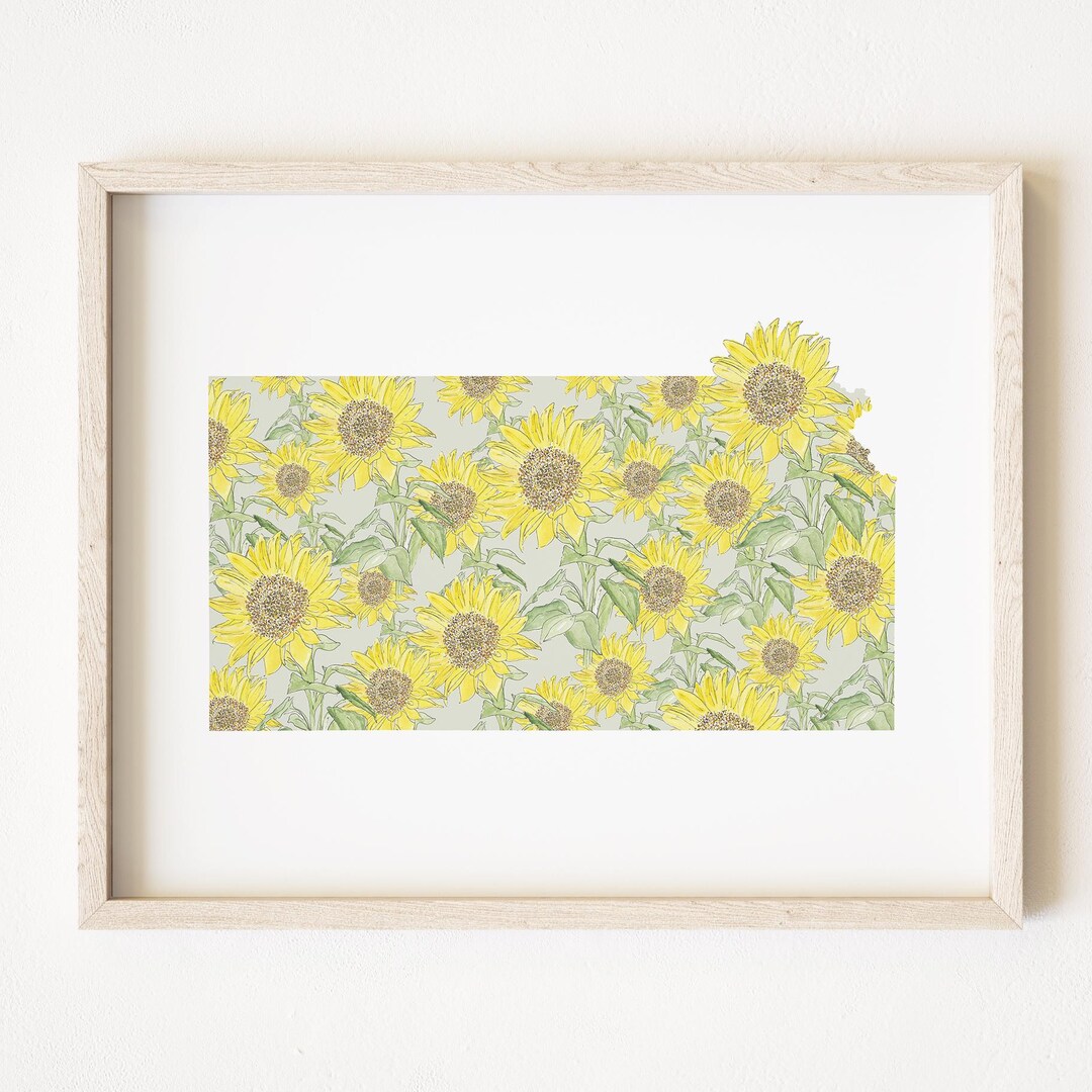 KANSAS State Flower Map Watercolor Sunflower (art Print) Map Wall ...