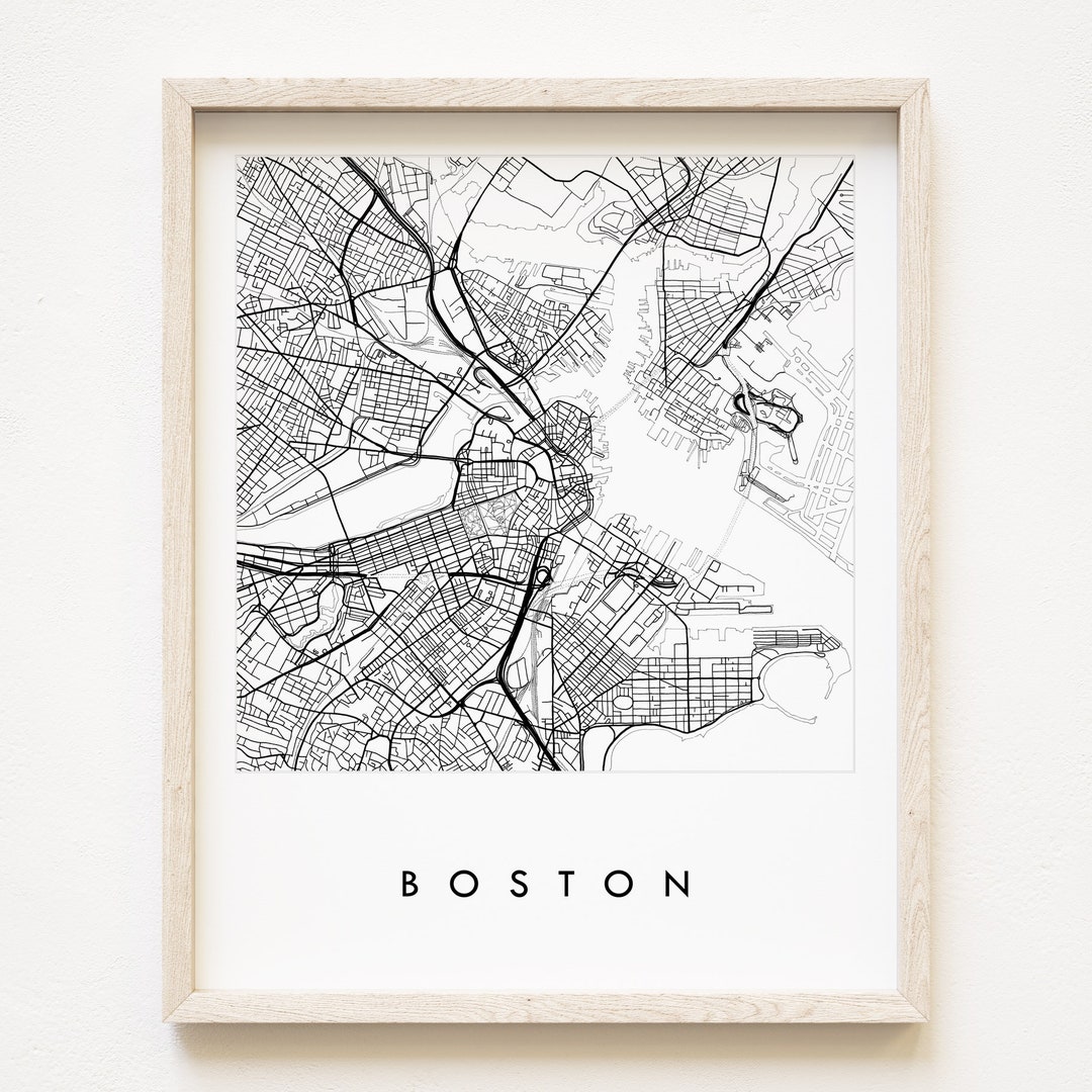 Greater BOSTON Map Street Map MASSACHUSETTS City Map Drawing Black and ...