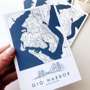 GIG HARBOR Hand-drawn "blueprint" Map Standard POSTCARD Washington ...
