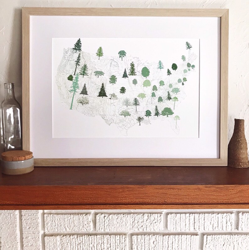 STATE Treescape Map Drawing art Print American USA State | Etsy