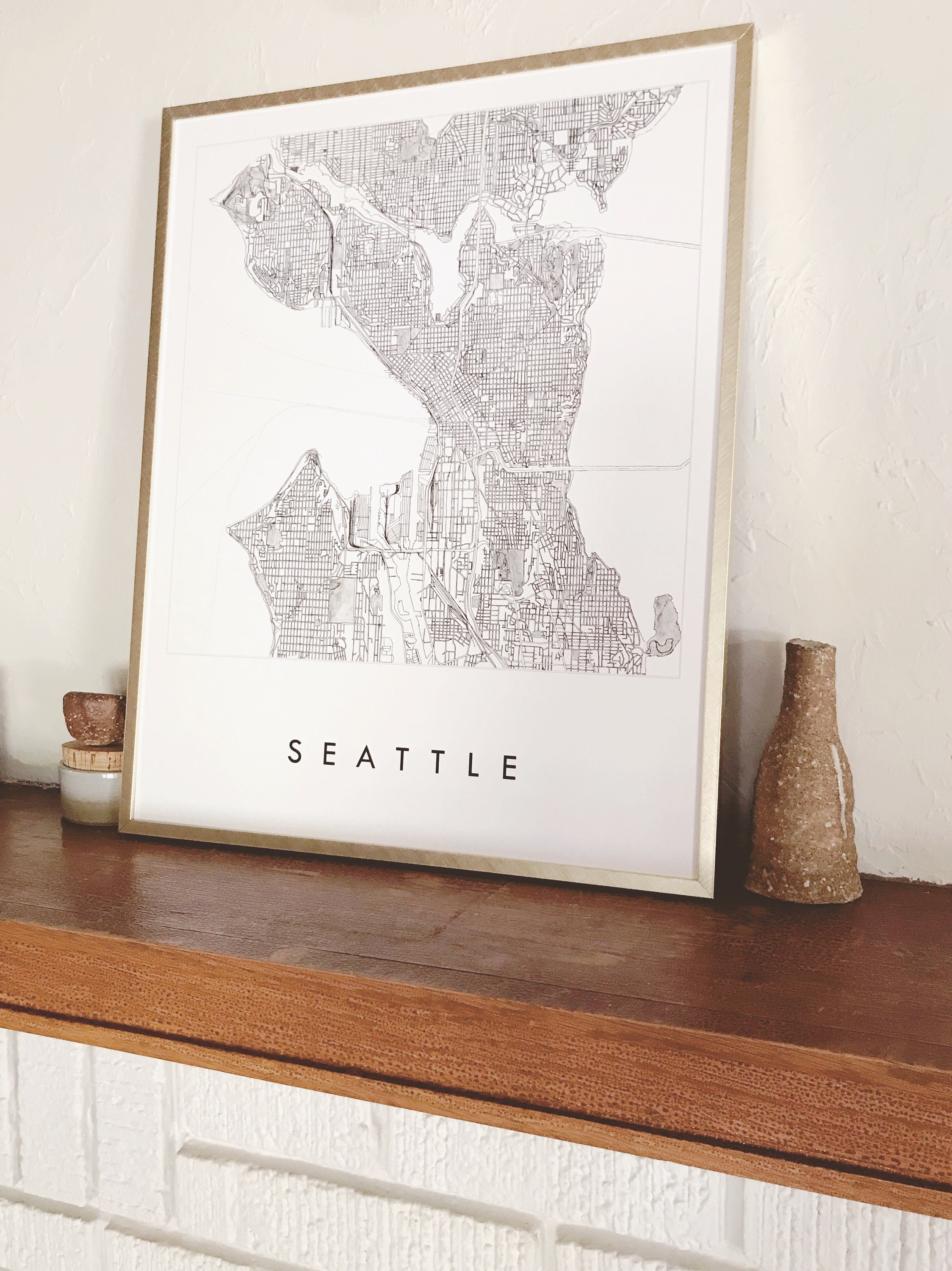 SEATTLE Map Street Map WASHINGTON City Map Drawing Black and | Etsy