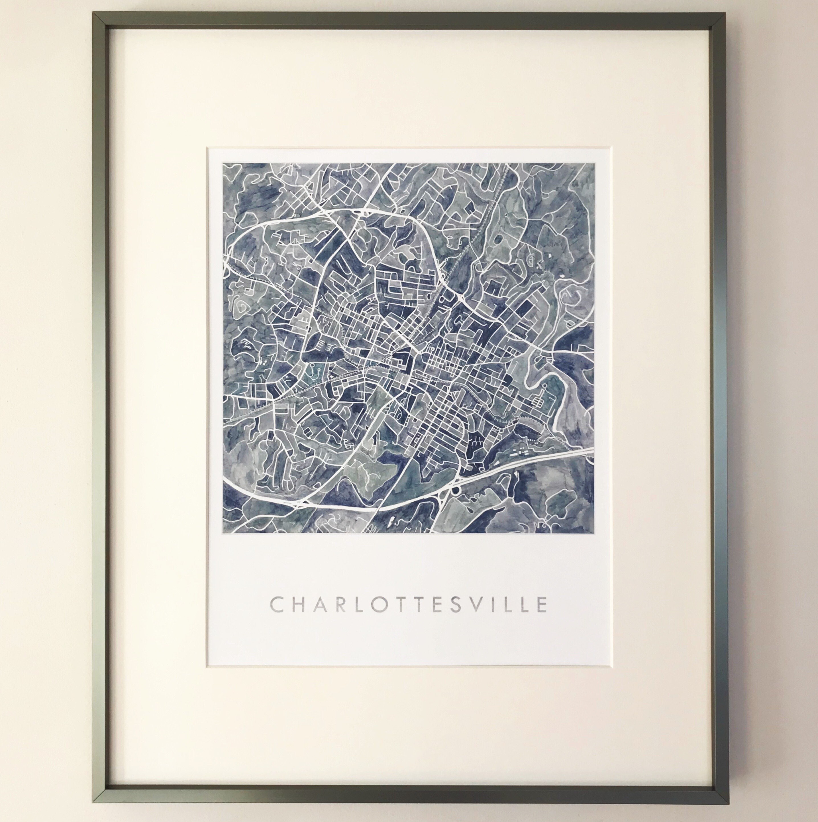 CHARLOTTESVILLE Map Watercolor Print VIRGINIA City Block Plan (art ...