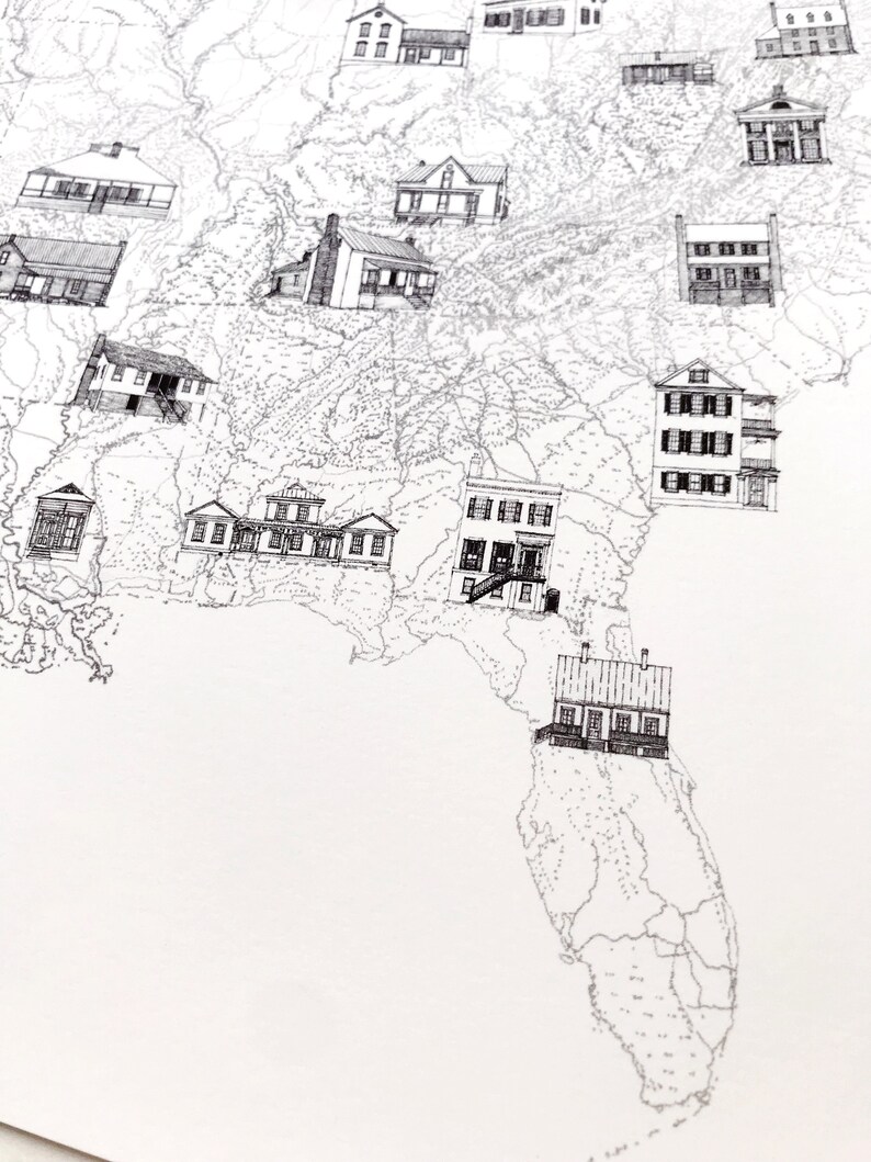 AMERICAN Homescape Map Drawing (art Print) State Tree Architecture Home ...