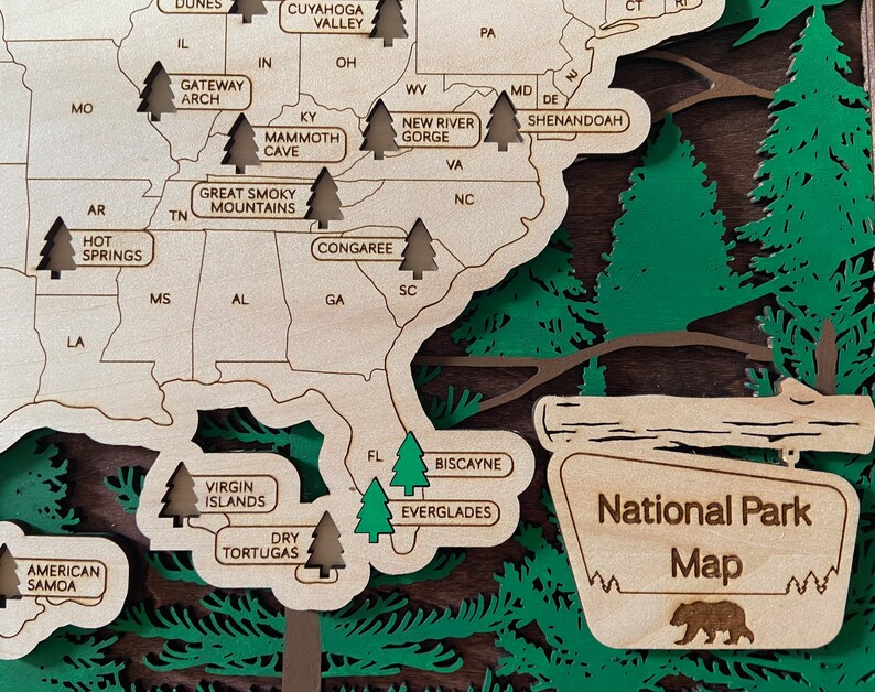 Customizable National Park Map With Family Name Shield and Tree Cutouts ...