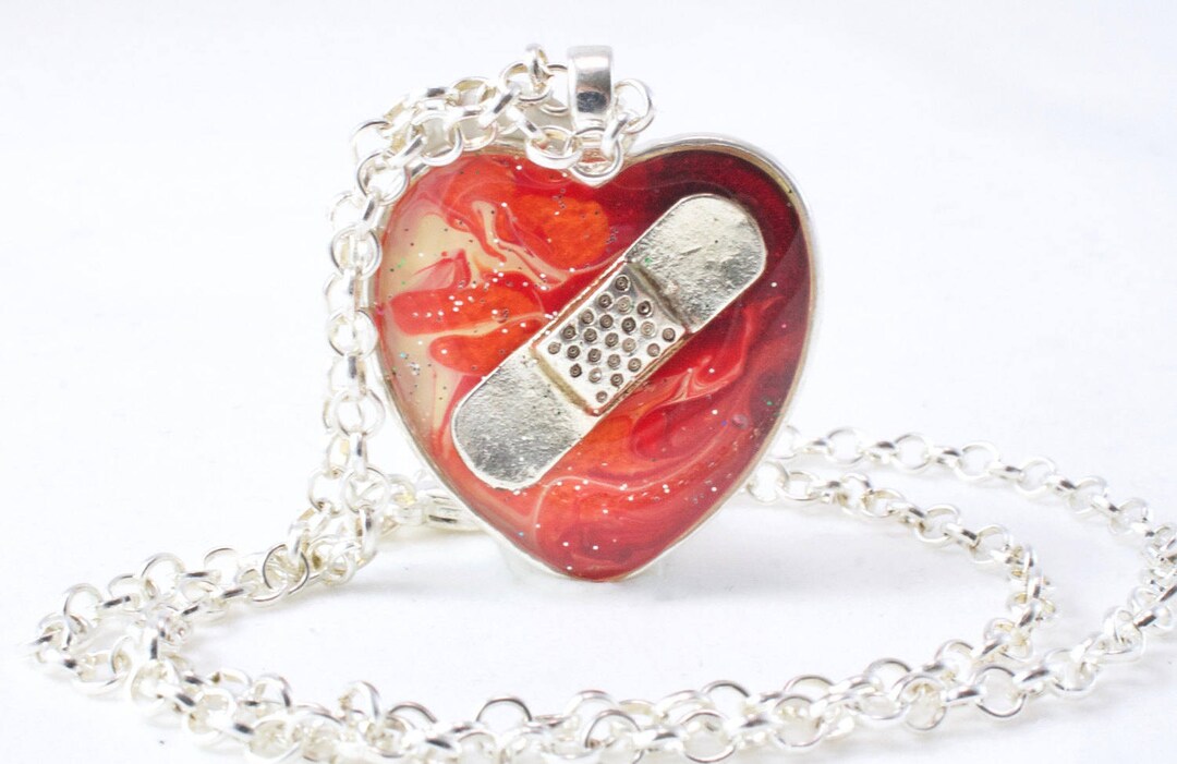 Fiery Heart, Mended Heart, Flames Necklace, Red Jewelry, Bandaid ...