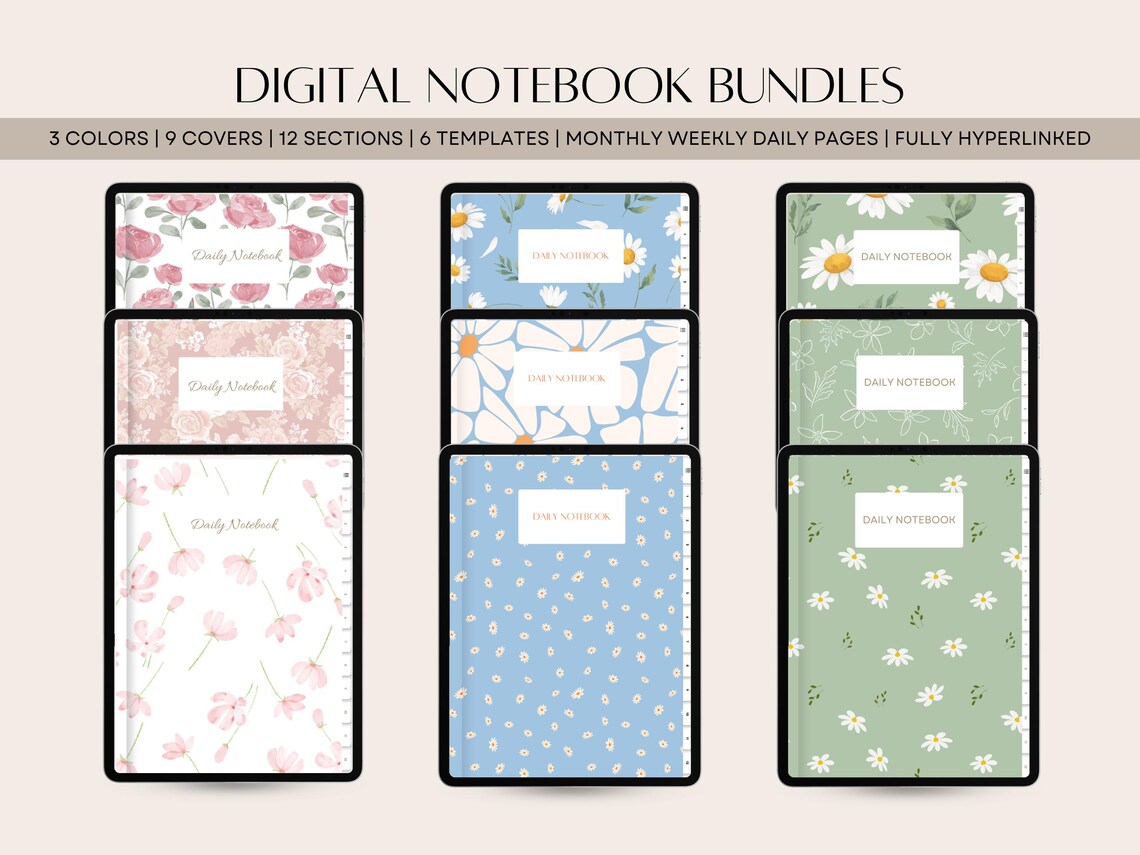 Floral Digital Notebook Bundles - Hyperlinked Journal Goodnotes Planner ...