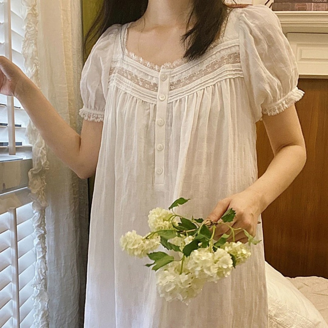Pure Cotton Victorian Night Dress Women's White Short Sleeve Long Robe ...