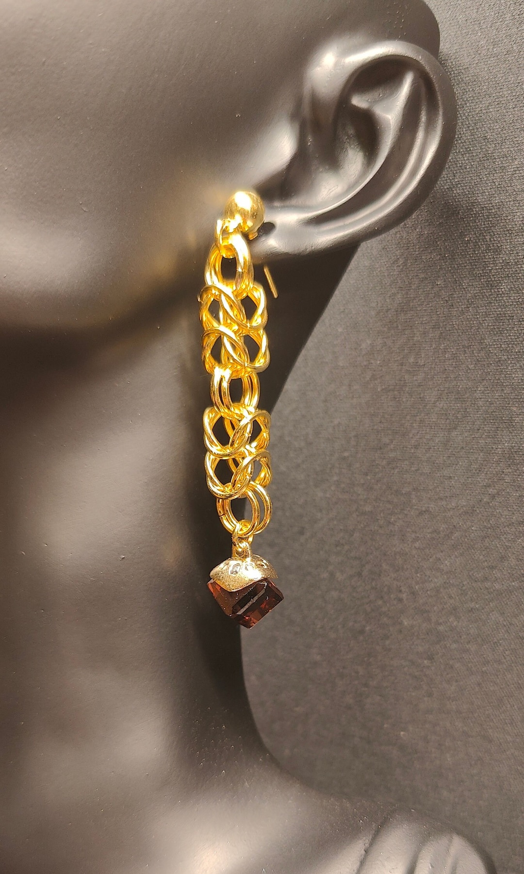 Byzantine Dangle Chainmail Earrings Handcrafted Chain Maille With Amber Stone cubic Zirconia ...