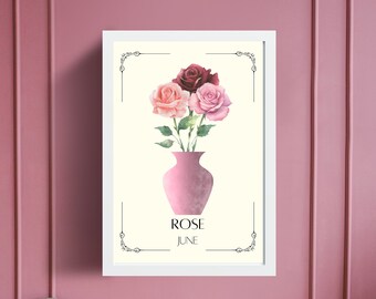 Rose June Birth Flower PRINTABLE Digital Wall Art Minimalist June ...