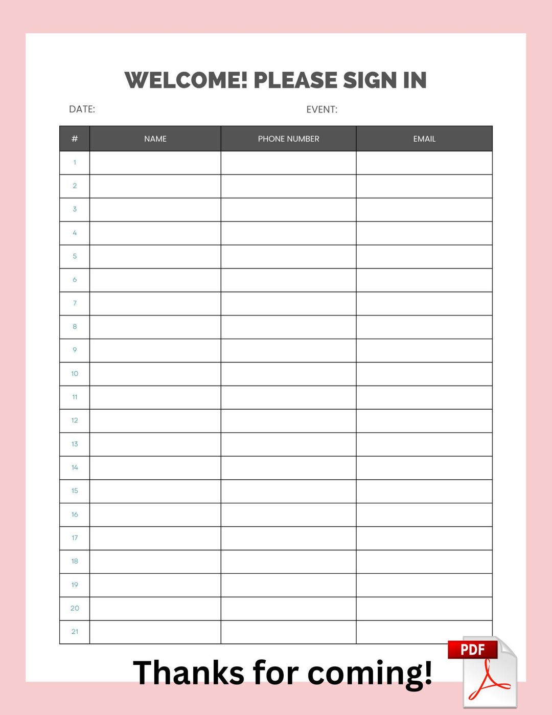 Printable Event Sign in Sheet PDF (digital Download) - Etsy