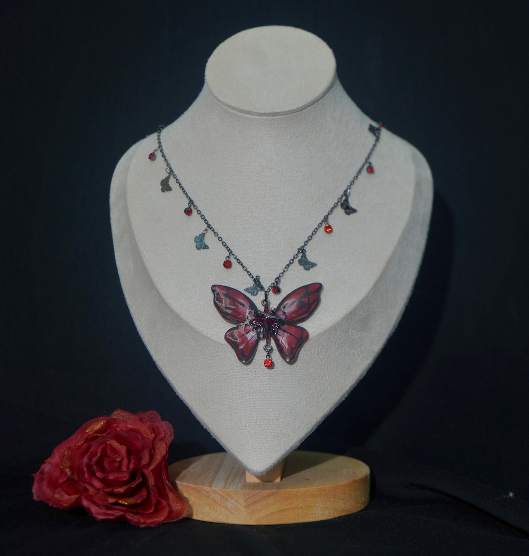 Dark Red Butterfly Pendant Necklace: Handmade Copper Chain - Etsy