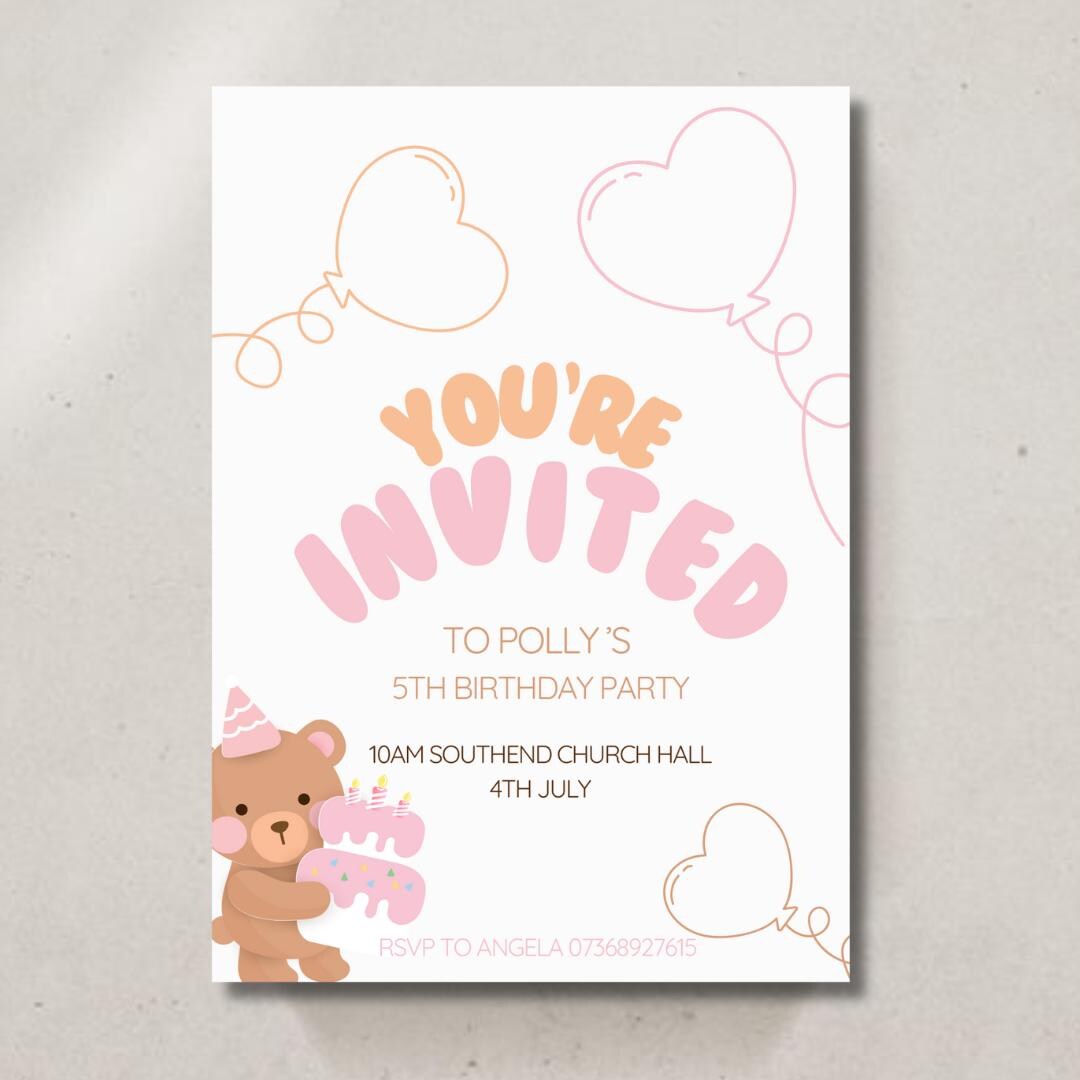 Pastel Teddy Bear Themed Birthday Invite - Editable Digital Download - Etsy