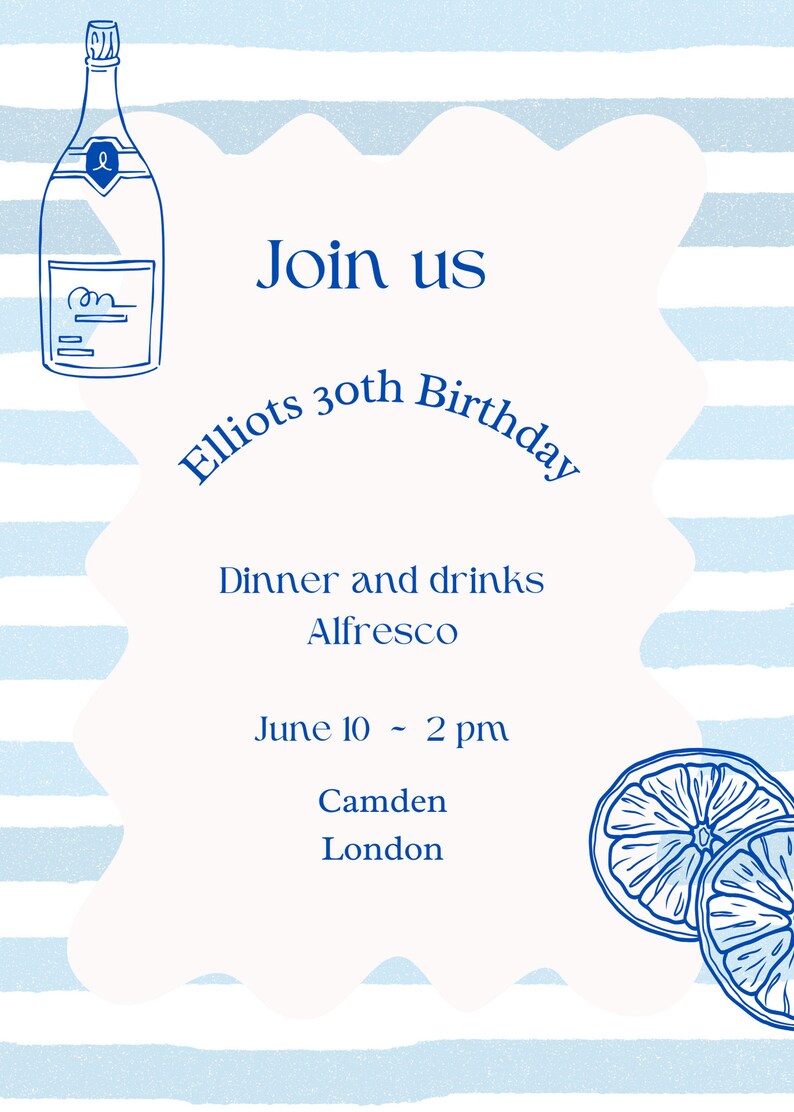 Blue and White Striped Invitation - Editable Digital Download - Etsy