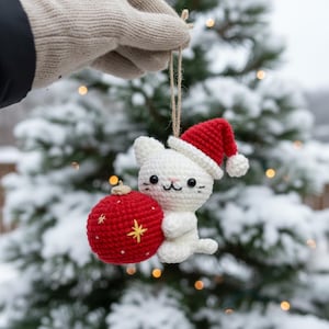 Christmas Cat and Ball Crochet PDF Pattern - Cute Cat Xmas Ornament ...