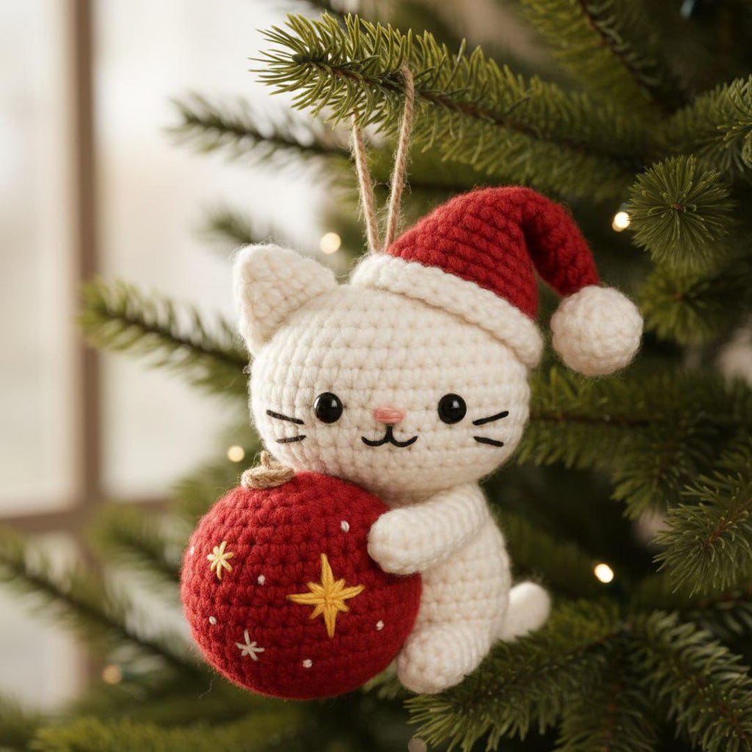 Christmas Cat and Ball Crochet PDF Pattern - Cute Cat Xmas Ornament ...