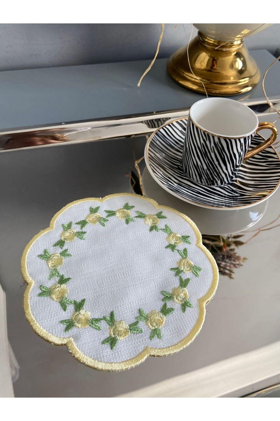 Embroidered Floral Napkin, Yellow Rose Napkin, Cocktail Napkin ...